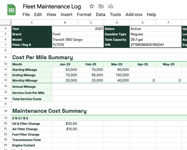 Free Fleet Maintenance Spreadsheet Template - Fleetio