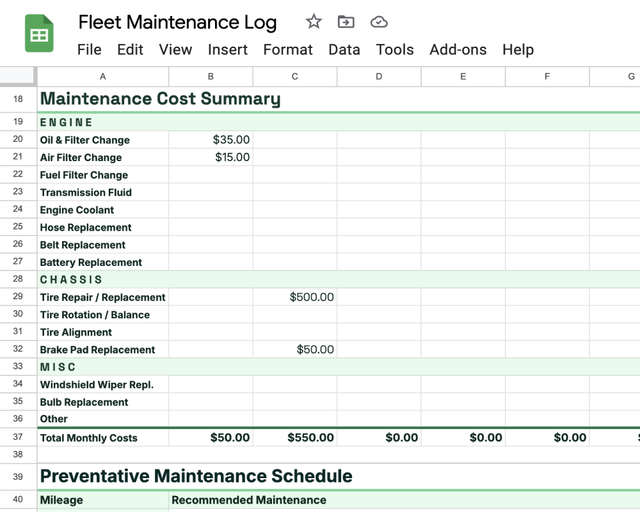 Free Fleet Maintenance Spreadsheet Template - Fleetio