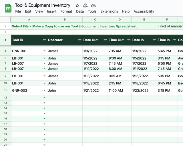 Free Tool & Equipment Inventory Spreadsheet | Template & Guide