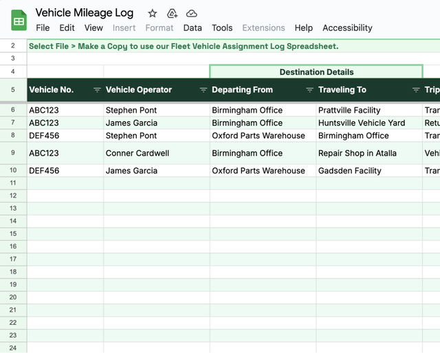 IRS Compliant Vehicle Mileage Log Template